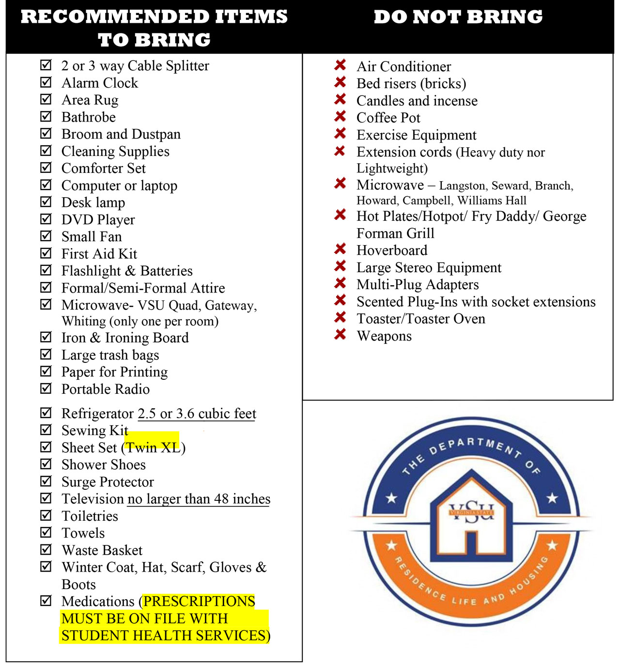 Items To Bring | Virginia State University